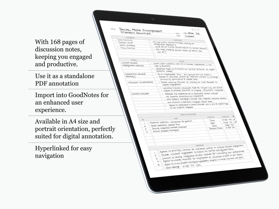 Minimalist Discussion Note Template for Tablet, Instant Digital ...