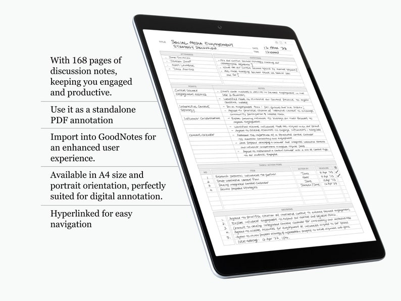 Minimalist Discussion Note Template for Tablet, Instant Digital ...