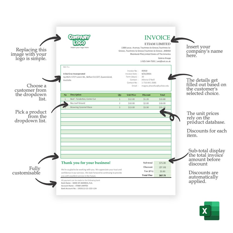 Simple Sales Invoice Template: Customizable Excel Spreadsheet (digital ...