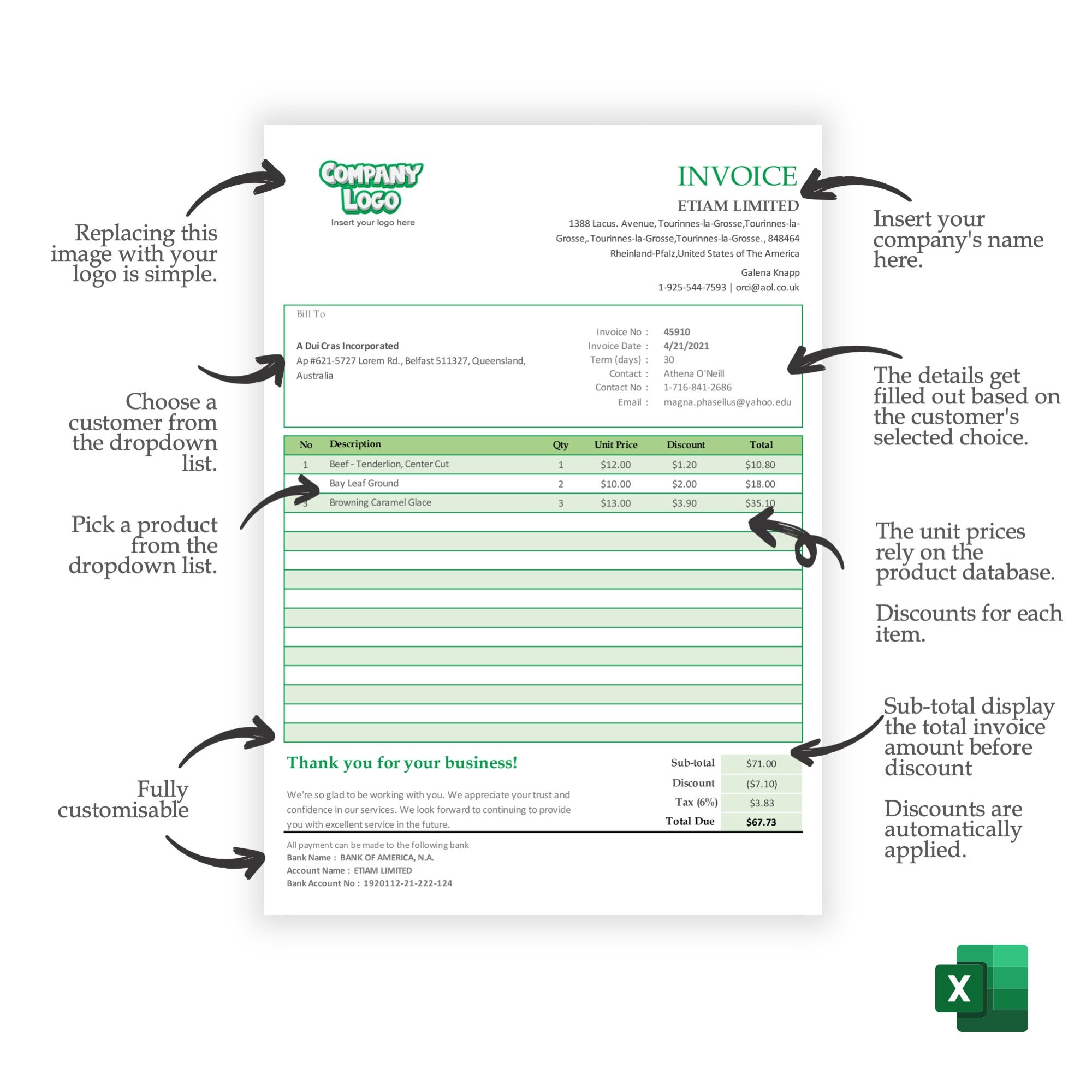 Simple Sales Invoice Template: Customizable Excel Spreadsheet (digital ...