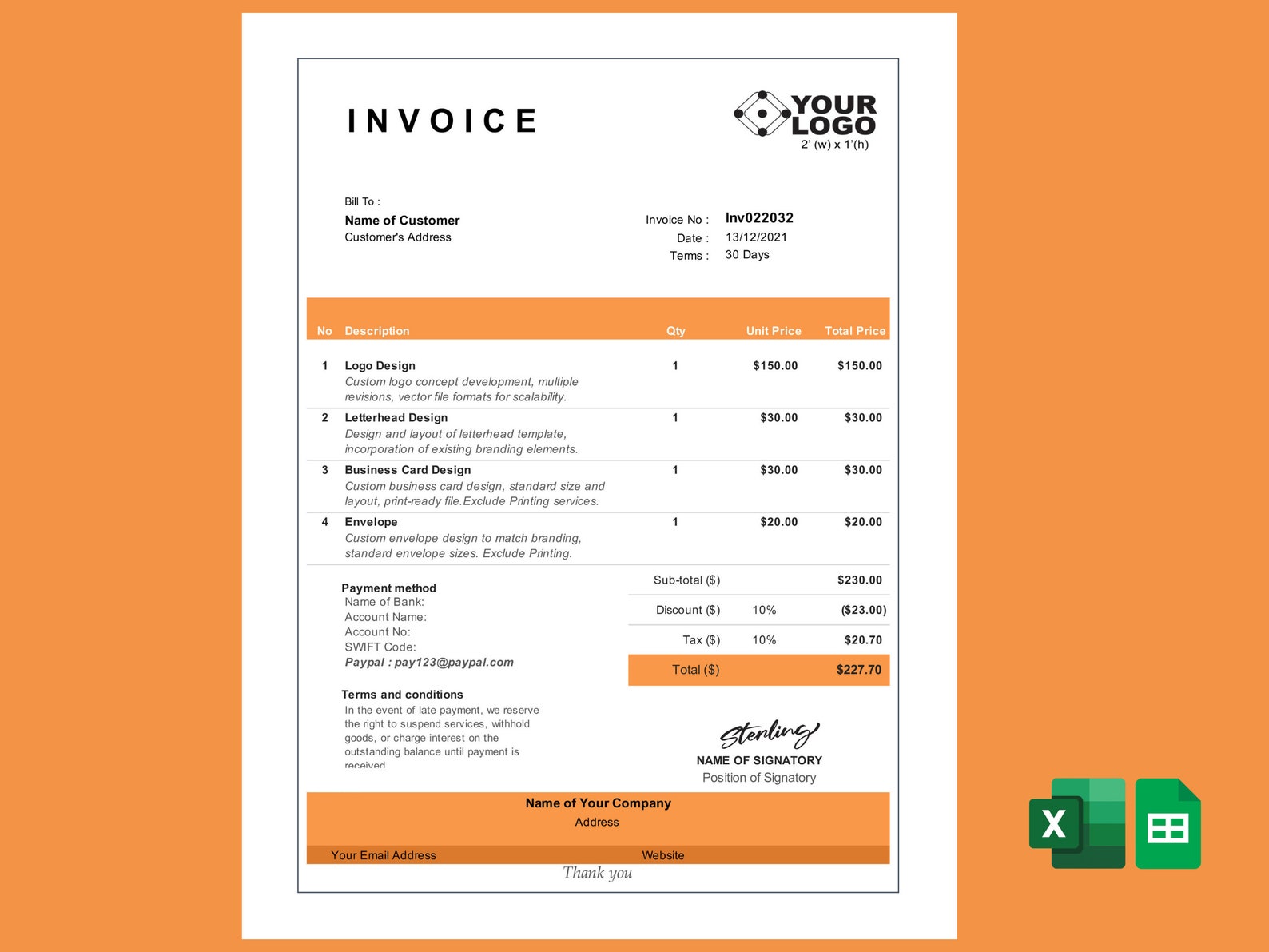 Simple Invoice Template for Excel & Google Sheets - Etsy
