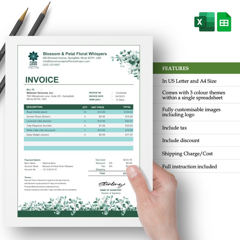 Chic Florist Invoice Customizable Excel and Google Template Instant ...