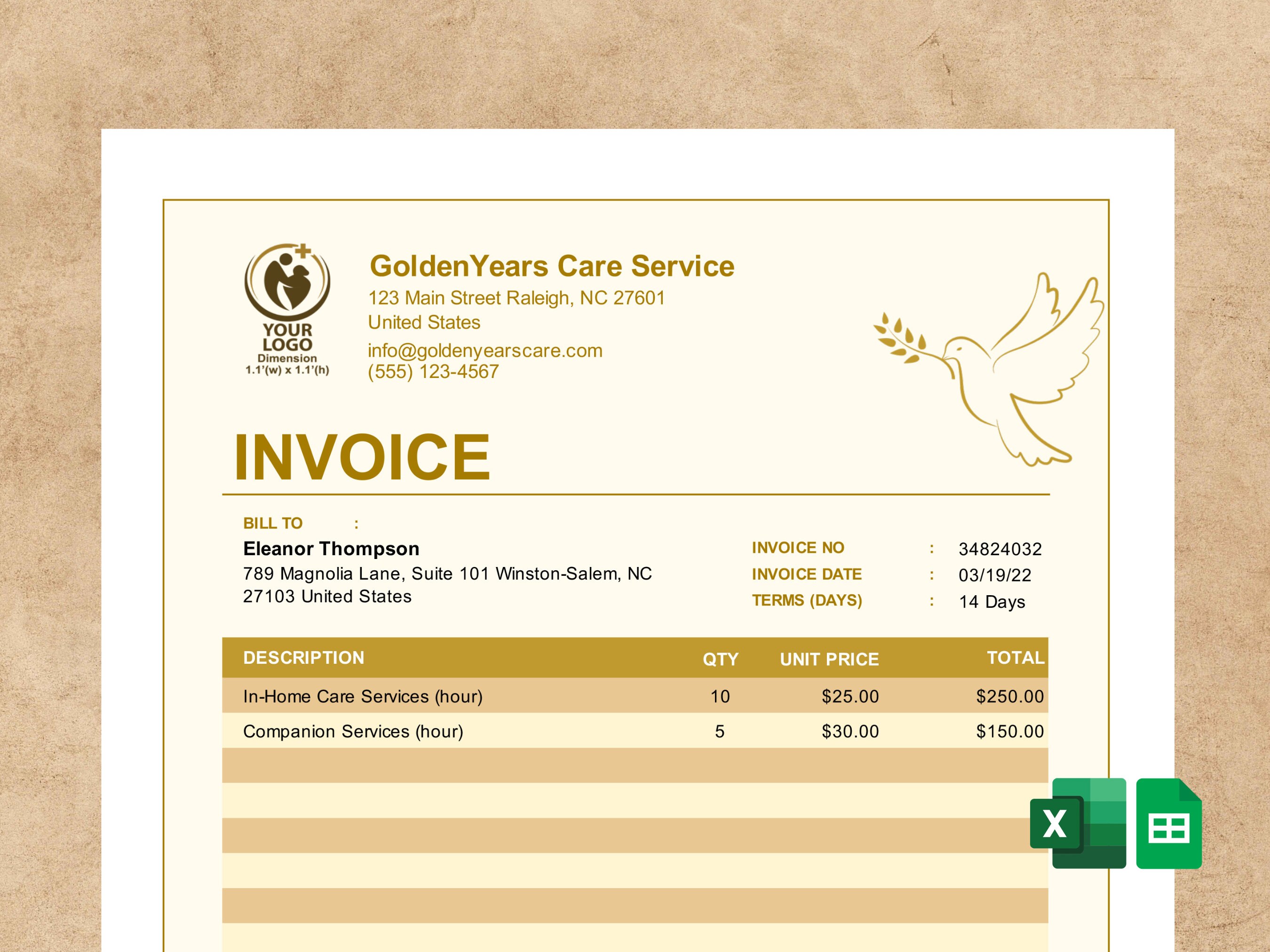 Elderly Care Invoice Template: Customizable Excel & Google Sheets ...