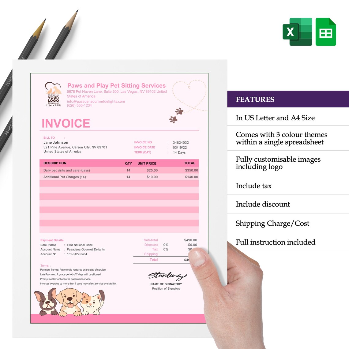 Pet Sitter Invoice Template: Excel & Google Sheets, Printable - Etsy