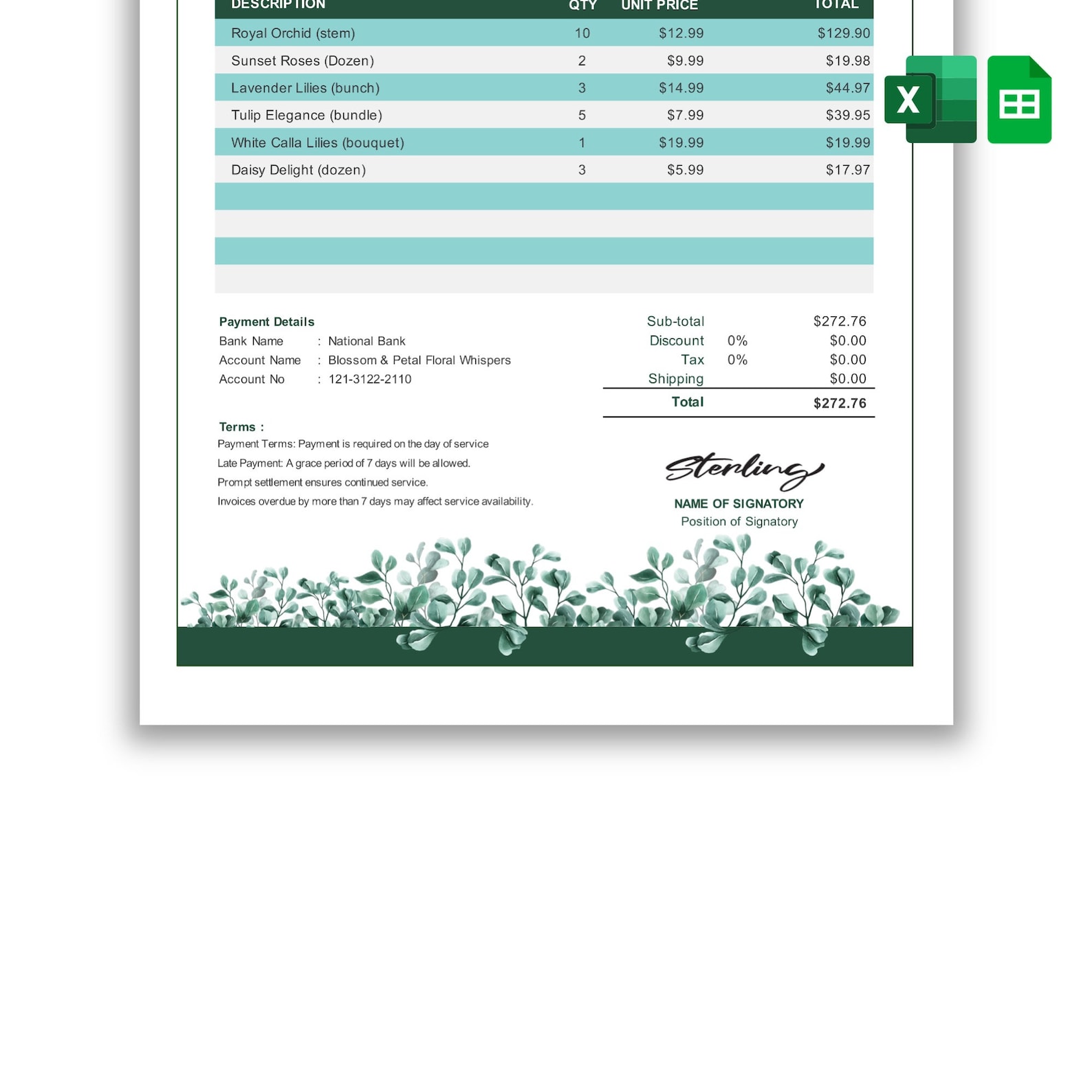 Chic Florist Invoice Customizable Excel and Google Template Instant ...