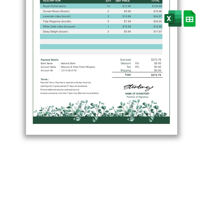 Chic Florist Invoice Customizable Excel and Google Template Instant ...