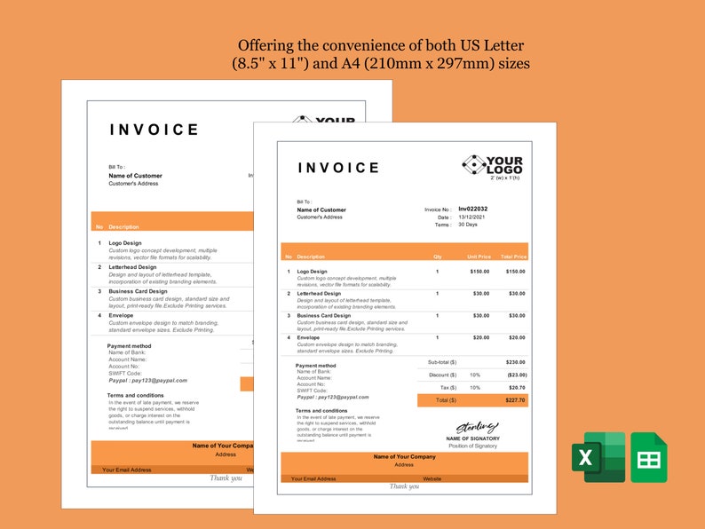 Simple Invoice Template for Excel & Google Sheets - Etsy