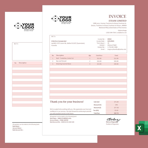 Invoice Template Excel - Etsy