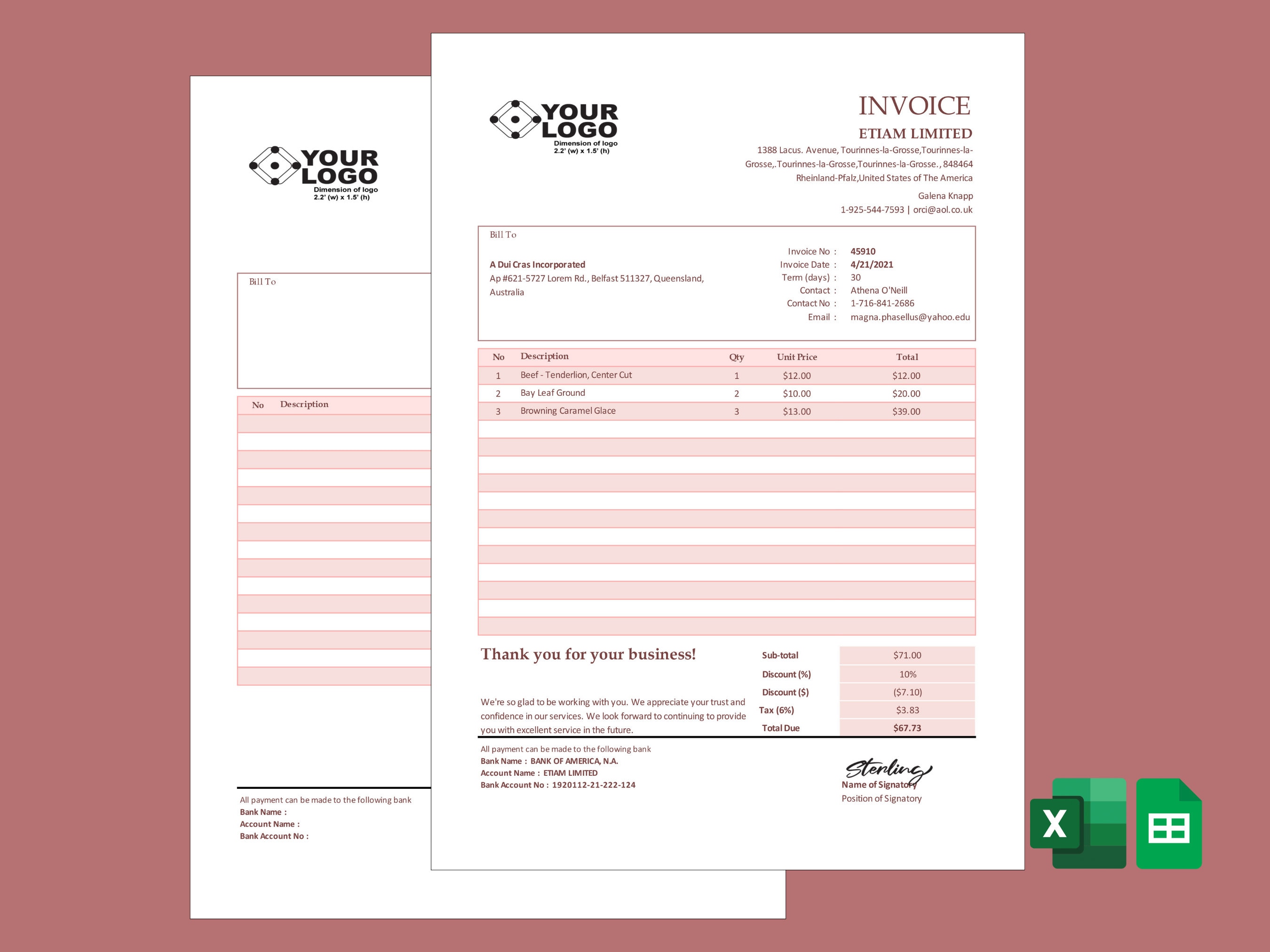 Simple Sales Invoice Template, Invoice Template for Excel and Google ...