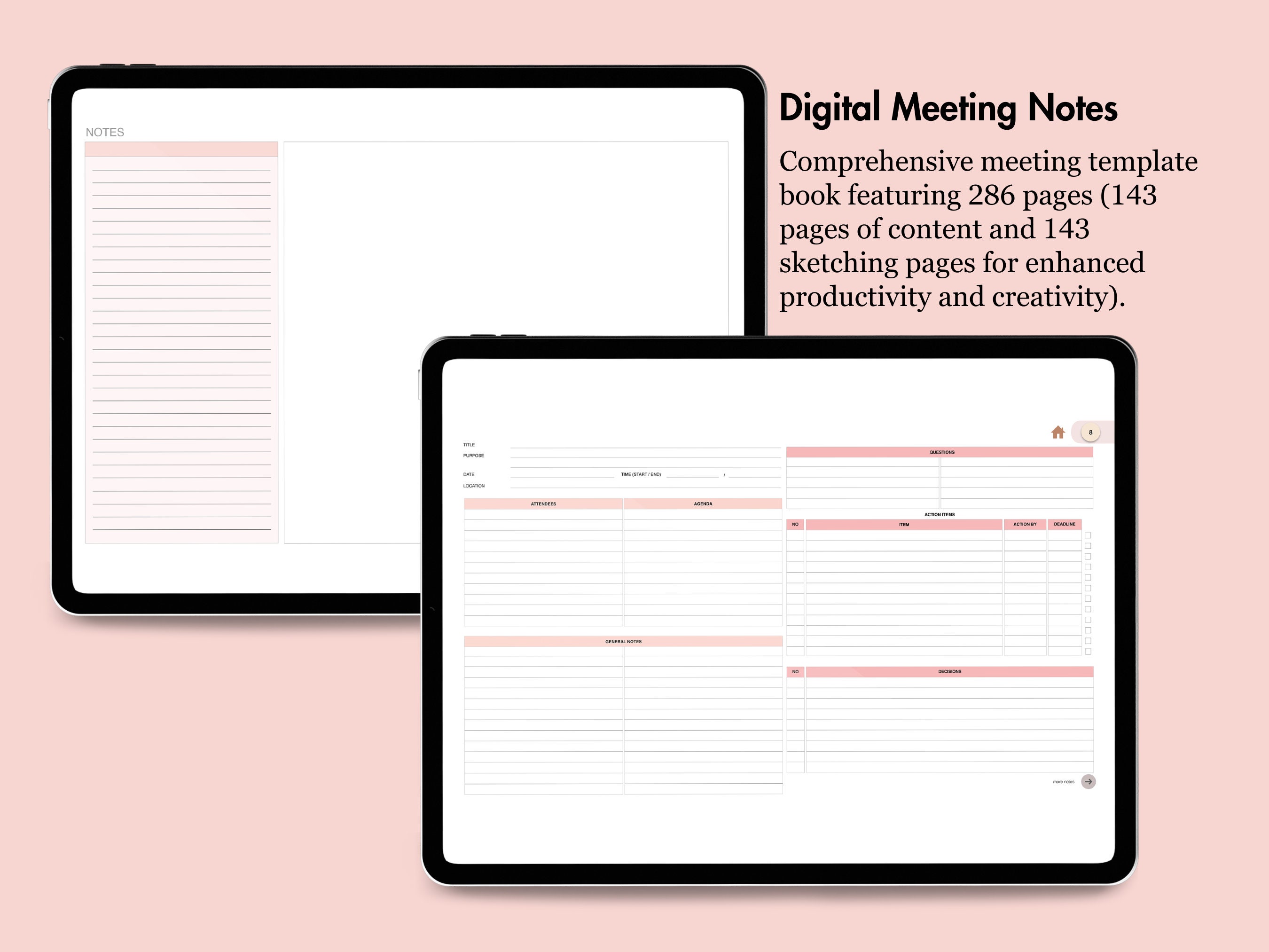 Peach-themed Landscape Instant Download Digital Meeting Notes Template ...