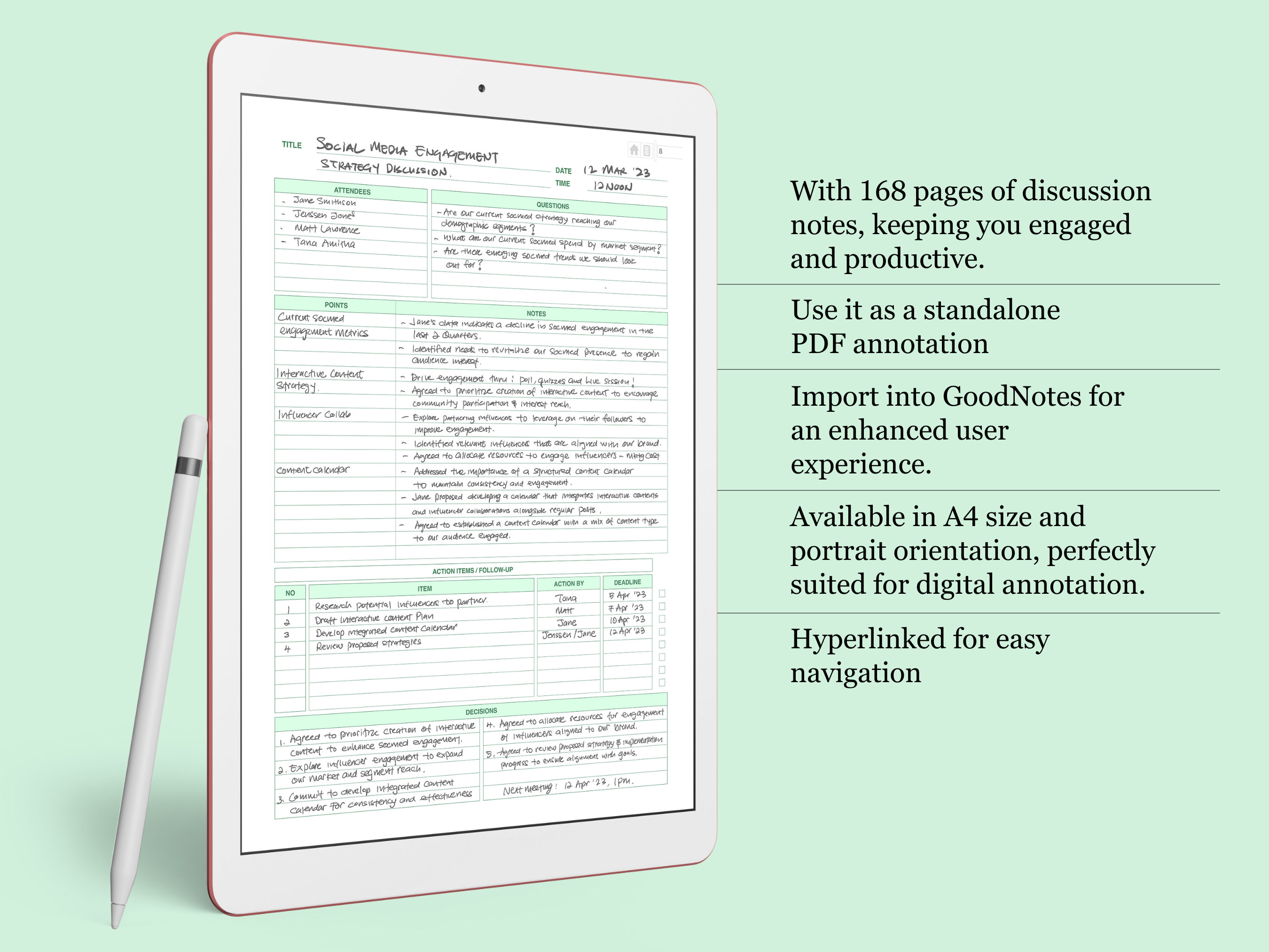 Instant Digital Download Green Reusable Meeting Notes Template, Simple ...
