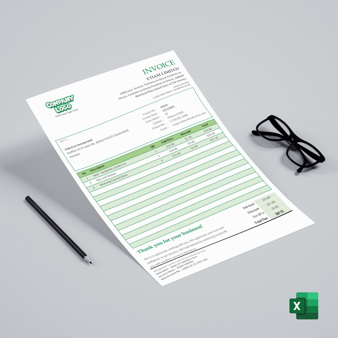 Simple Sales Invoice Template: Customizable Excel Spreadsheet (digital ...