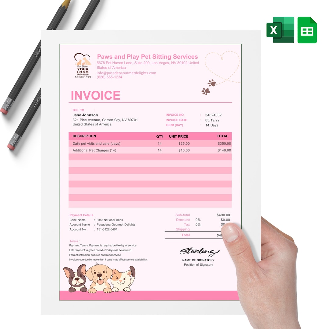 Pet Sitter Invoice Template: Excel & Google Sheets, Printable - Etsy
