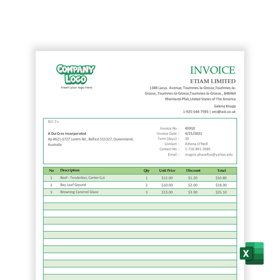 Simple Sales Invoice Template: Customizable Excel Spreadsheet (digital ...
