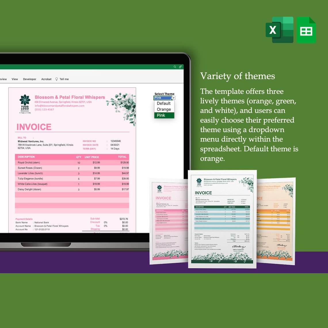 Chic Florist Invoice Customizable Excel and Google Template Instant ...