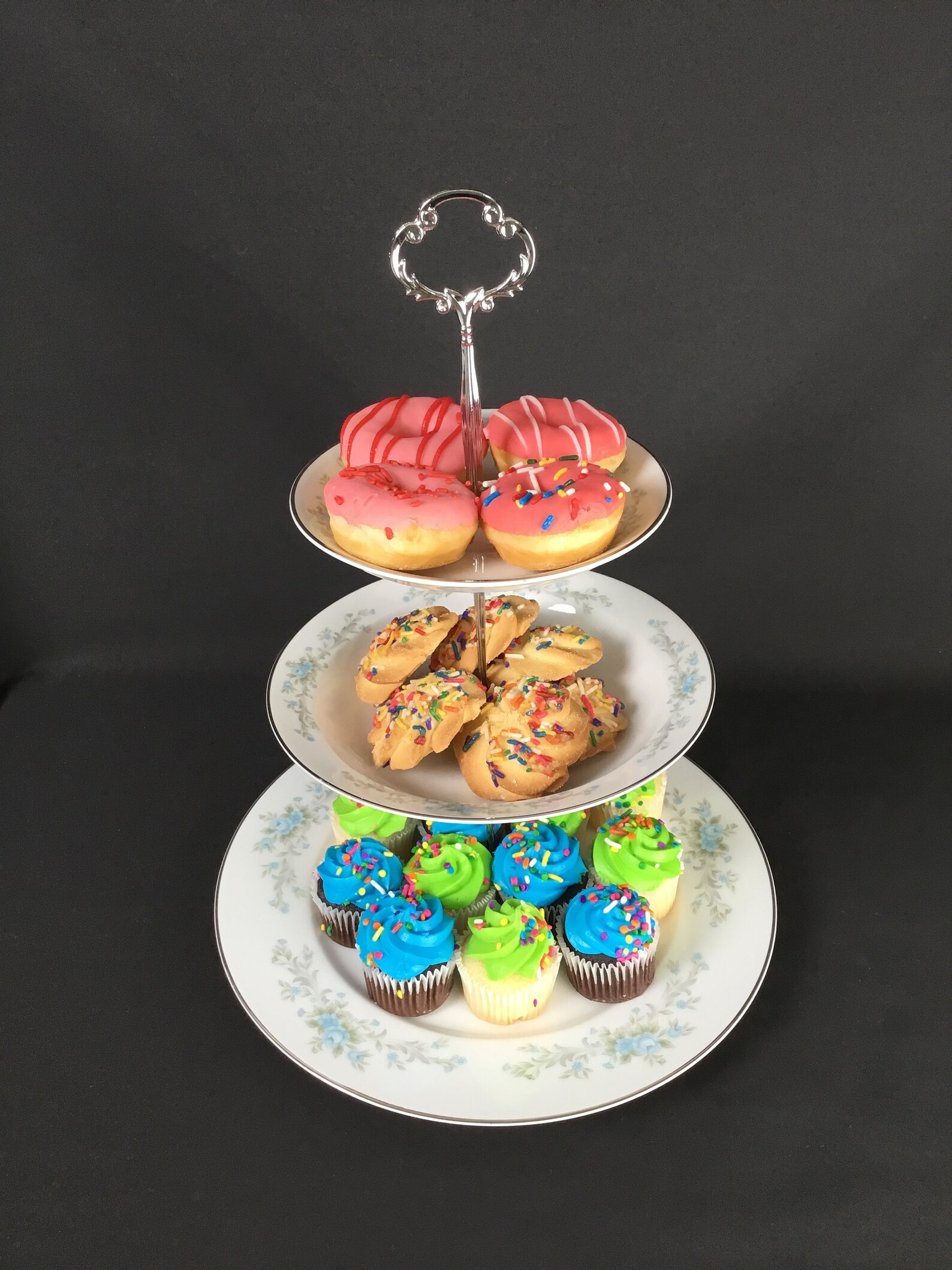 3 Tiered Blue & White Floral Dessert Tray With Silver Hardware - Etsy