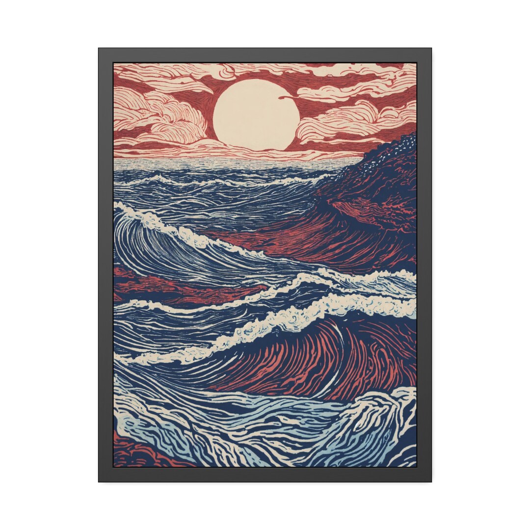 CRIMSON TIDE Artwork framed Linocut Wave Art Print, Japanese Style ...