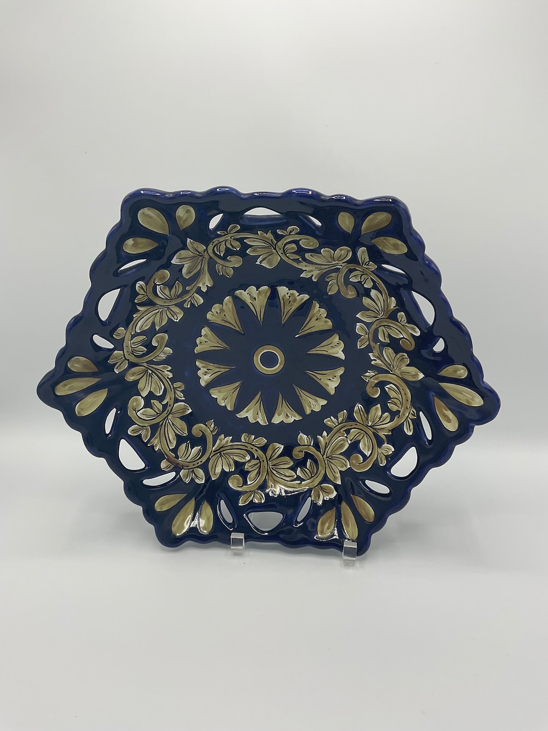 Beautiful Vintage Hand Painted Hexagonal Navy and Gold Centerpiece Bowl ...