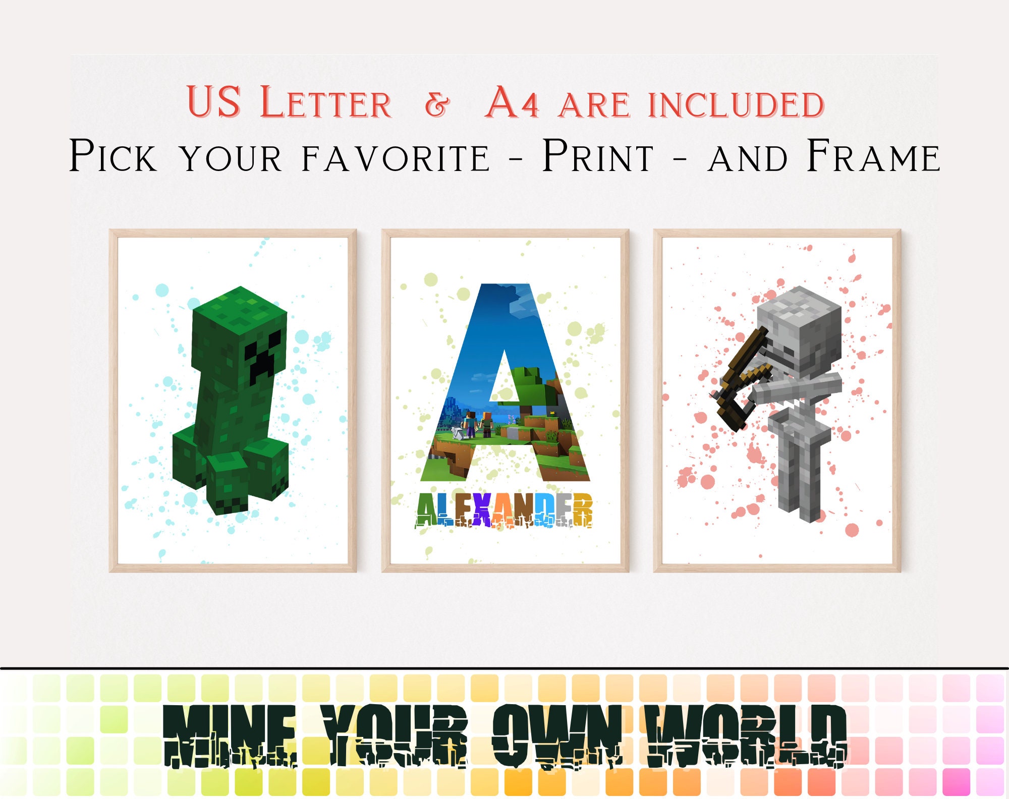 Custom Minecraft Printable Wall Art Personalized Set of 3 Prints ...