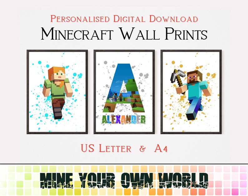 Custom Minecraft Printable Wall Art Personalized Set of 3 Prints ...