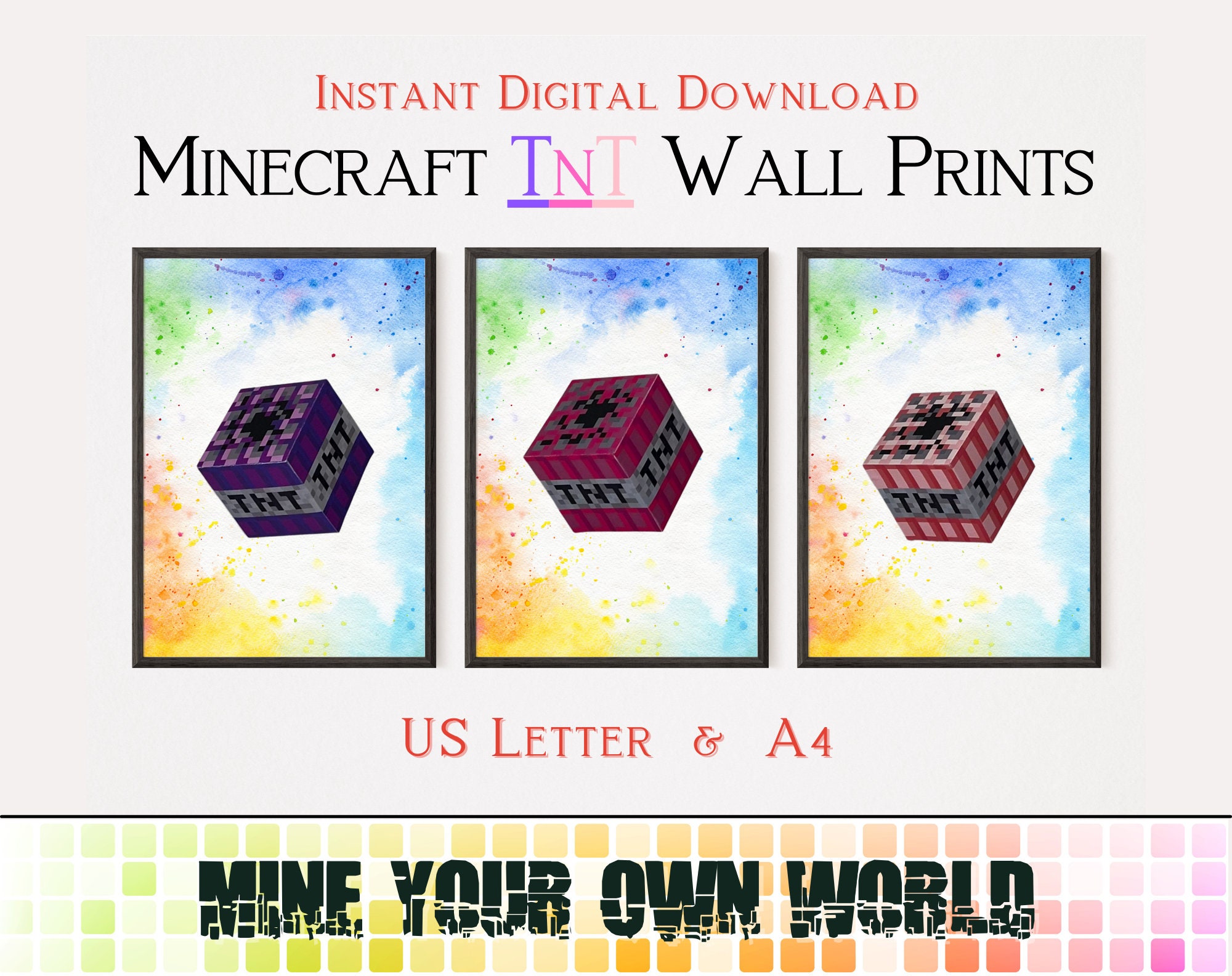 Minecraft TNT Printable Wall Art Set of 3 Prints in 2 Sizes Minecraft ...
