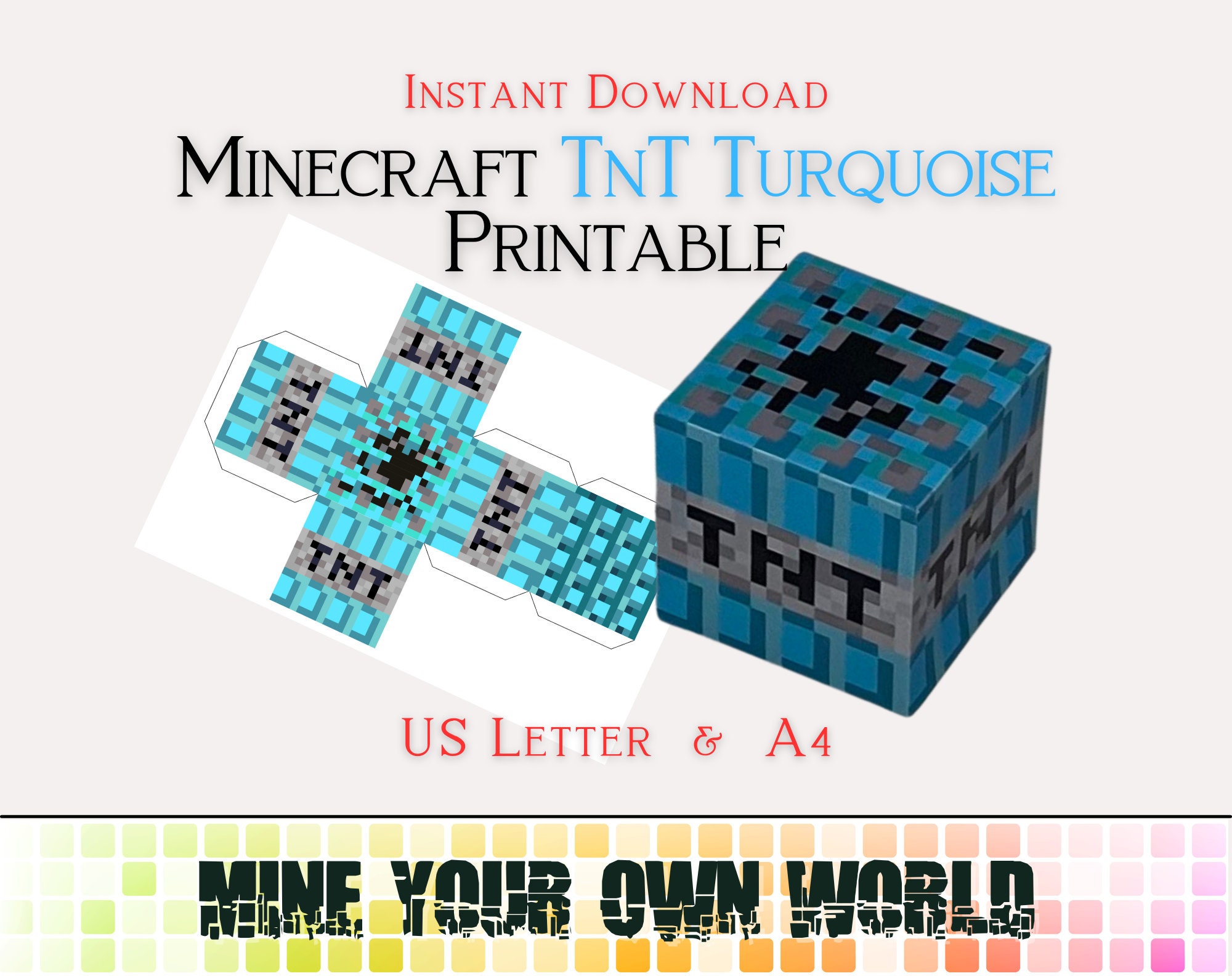 Minecraft TNT Printable Turquoise, Paper Crafts, Party or Room Decor ...