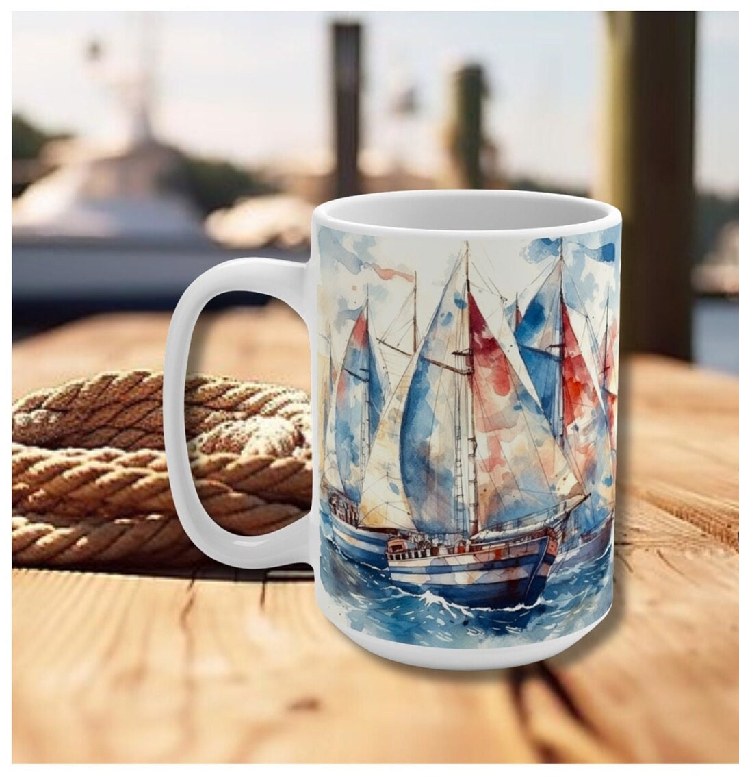 15 Oz Nautical Mug Watercolor Sailboats Coastal Kitchenware Sailing ...