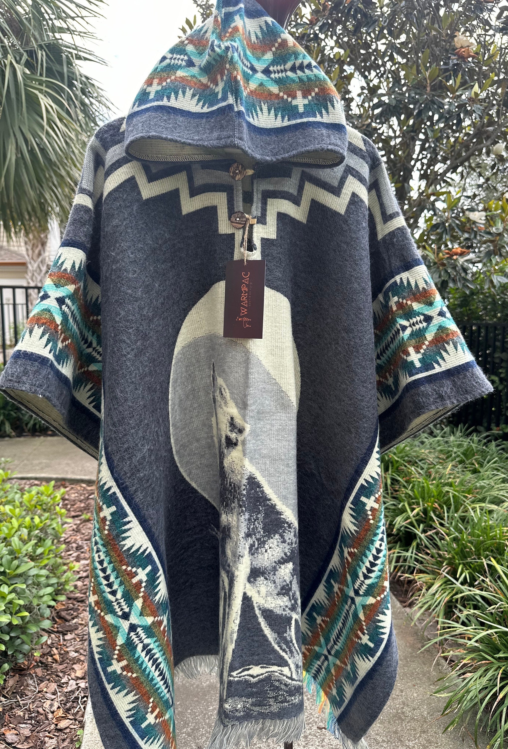 Handmade Alpaca Wolf Poncho: Ecuadorian Aztec Geometric Design - Etsy
