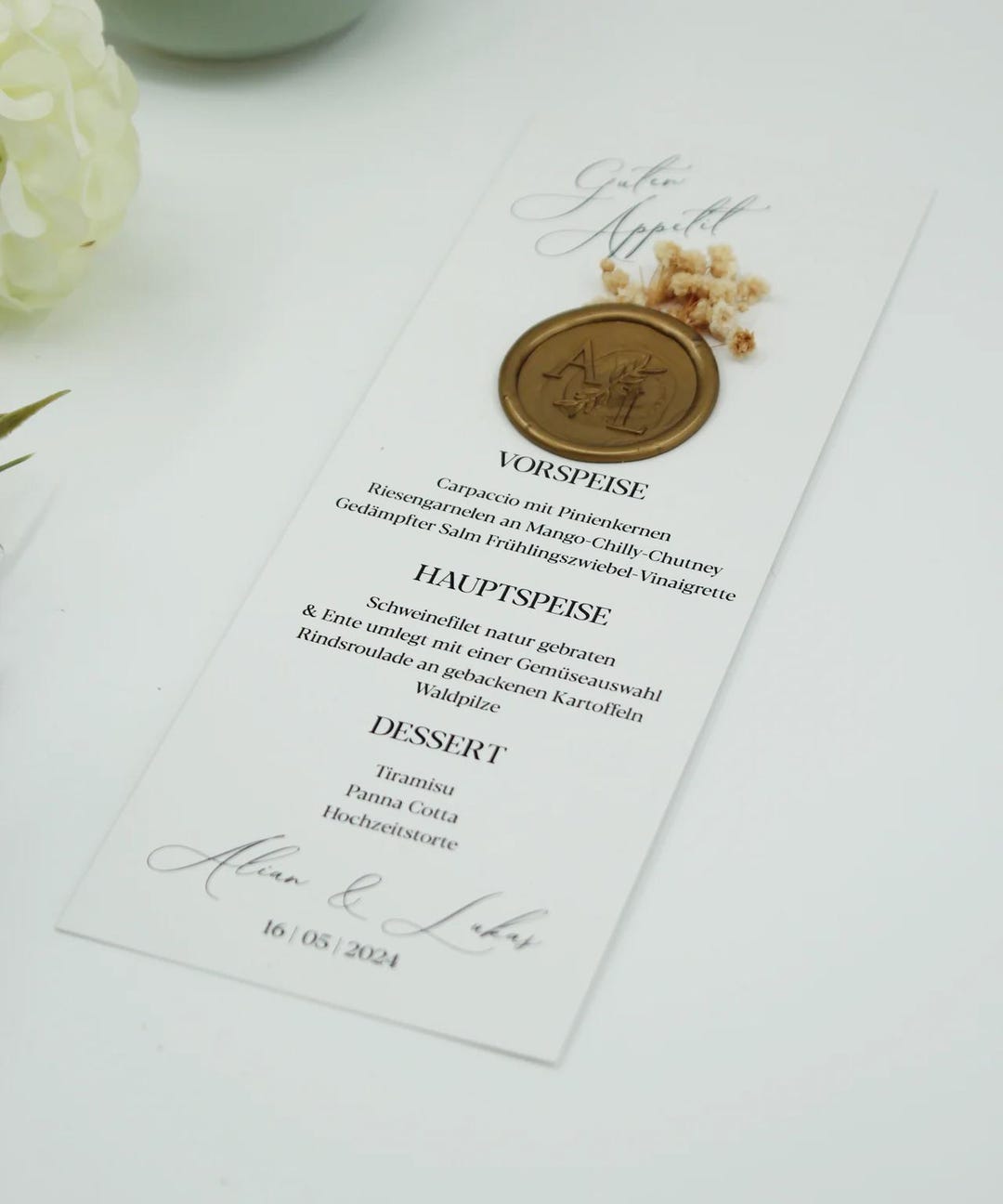 Code: M12 Minimalist Wedding Menu Card With Dried Flowers – Gold Wax ...