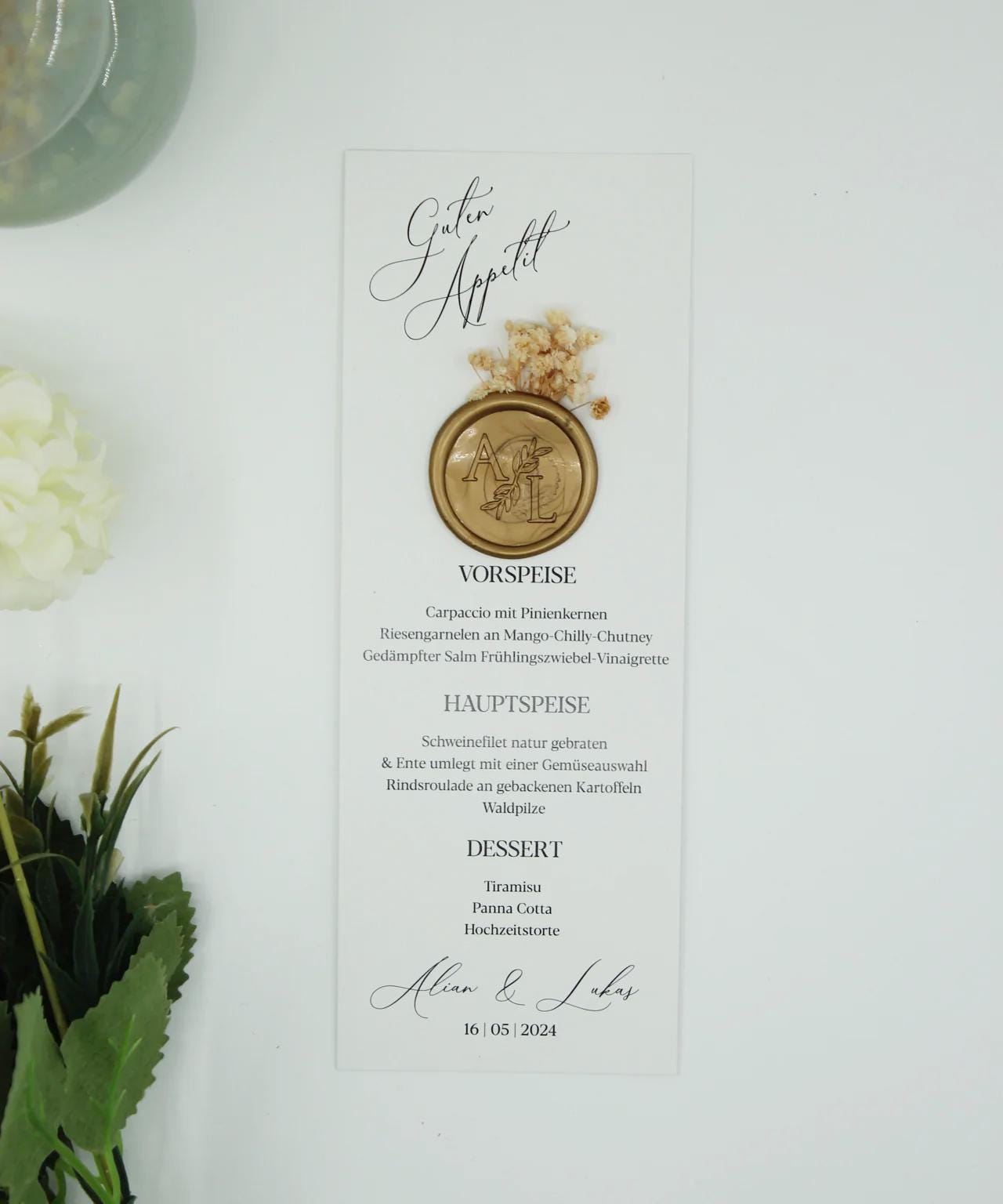 Code: M12 Minimalist Wedding Menu Card With Dried Flowers – Gold Wax ...