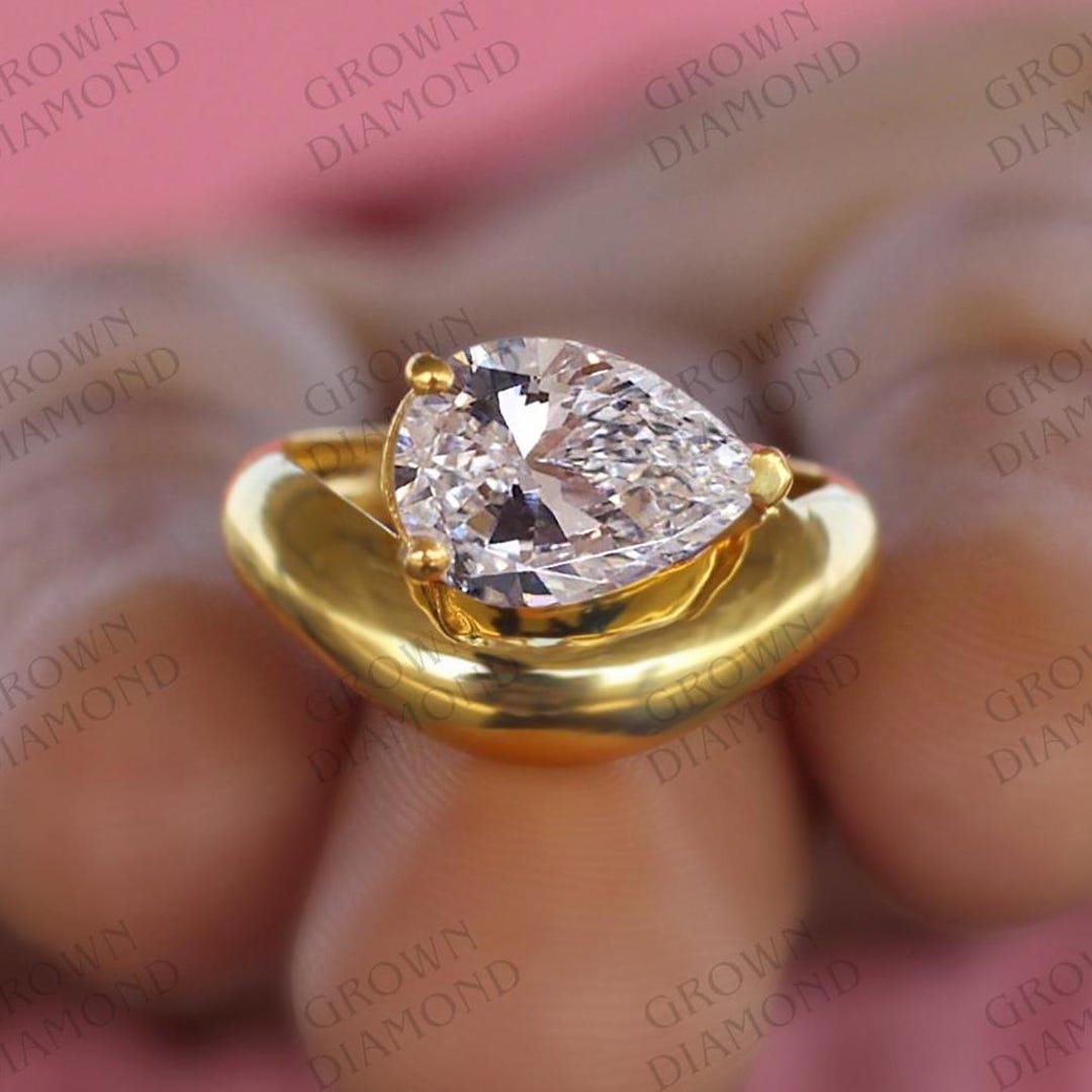 East West Pear Shaped Engagement Ring / Solitaire Moissanite Engagement ...