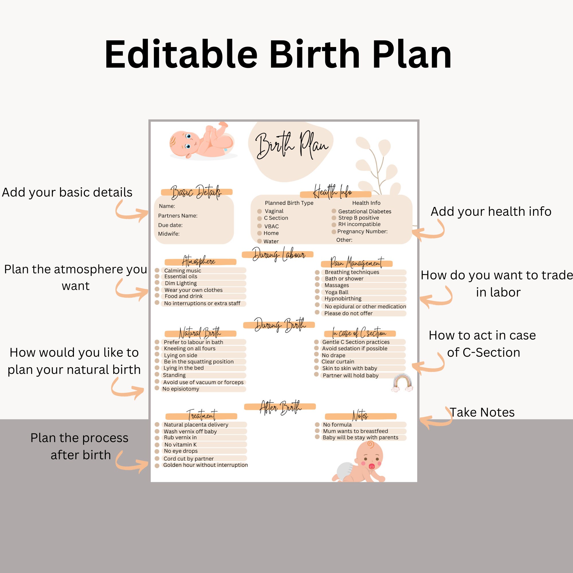 Birth Plan One Page Birth Plan Goodnotes Editable Canva - Etsy