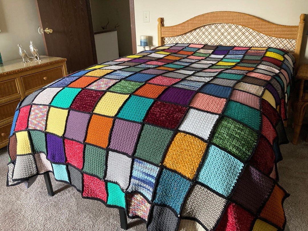Handmade Crocheted Afghan Blanket, Colorful Patchwork, Full/queen Size ...