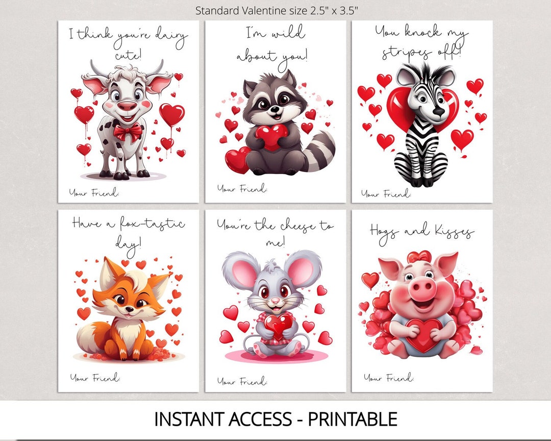 Valentine Cards for Kids Printable, Kids Valentine Cards, 6 Animal ...