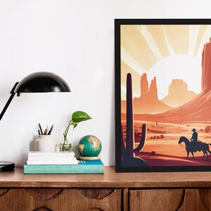 Vibrant Cowboy Desert Sunset Poster Western Wall Art Print, Monument ...