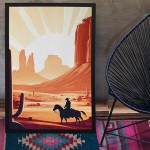 Vibrant Cowboy Desert Sunset Poster Western Wall Art Print, Monument ...