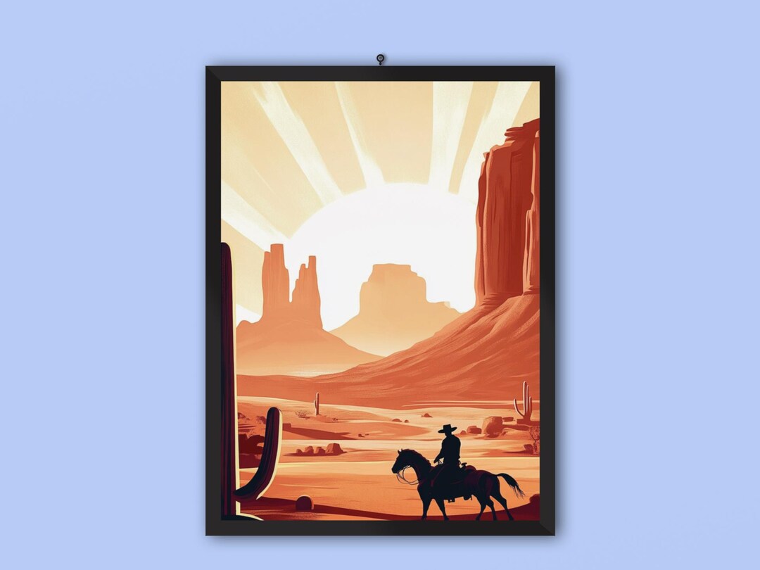 Vibrant Cowboy Desert Sunset Poster Western Wall Art Print, Monument ...
