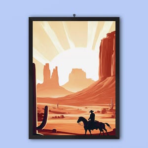 Vibrant Cowboy Desert Sunset Poster Western Wall Art Print, Monument ...