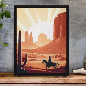 Vibrant Cowboy Desert Sunset Poster Western Wall Art Print, Monument ...