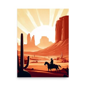 Vibrant Cowboy Desert Sunset Poster Western Wall Art Print, Monument ...
