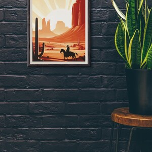 Vibrant Cowboy Desert Sunset Poster Western Wall Art Print, Monument ...