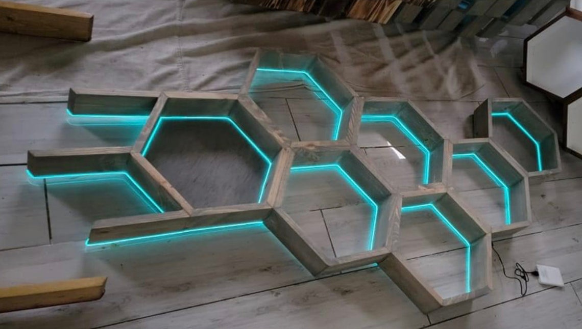 Amazing Hexagon Floating Shelves With LED Lights & Push Button CUSTOM ...
