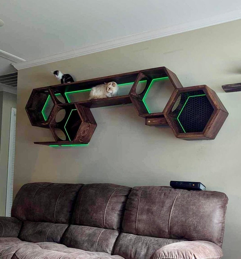 Custom Made Cat Cots Hexagon Floating Shelves With Lights Cat Beds Play ...