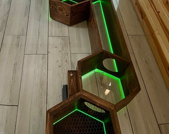 Custom Made Cat Cots Hexagon Floating Shelves With Lights Cat Beds Play ...