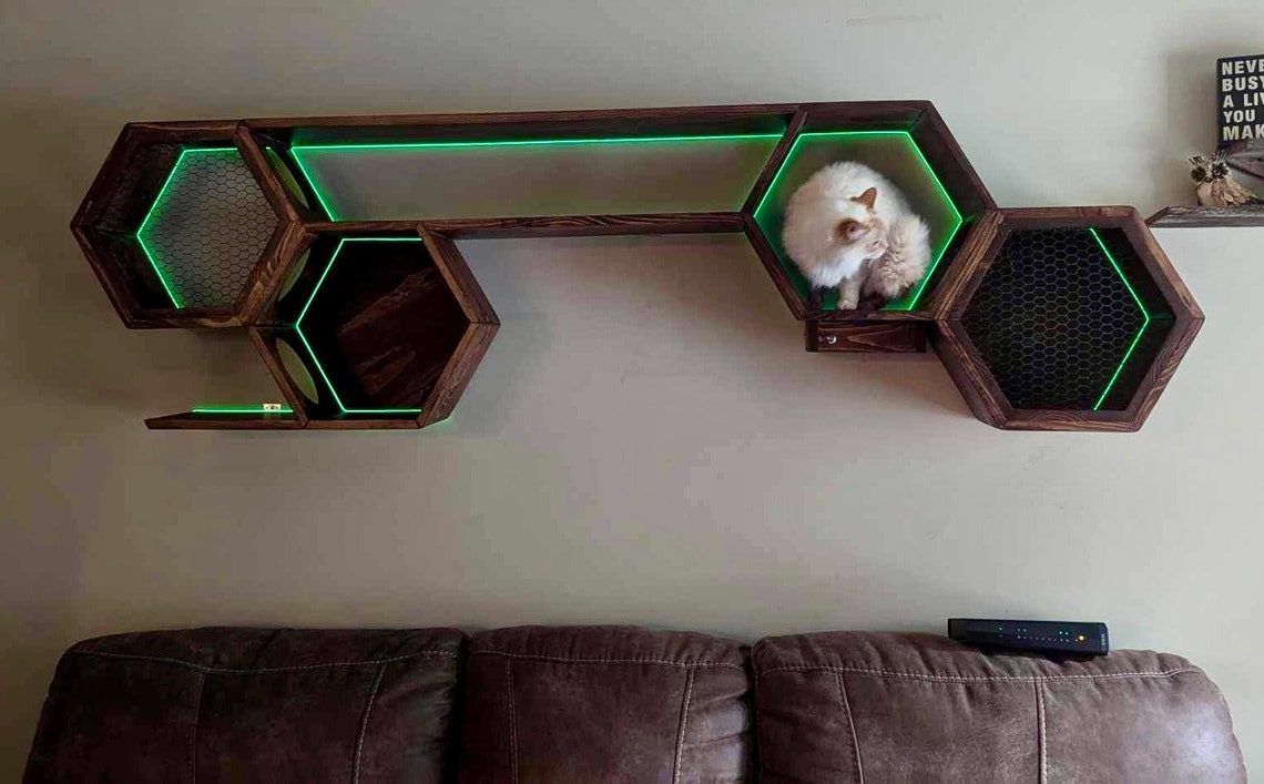 Custom Made Cat Cots Hexagon Floating Shelves With Lights Cat Beds Play ...