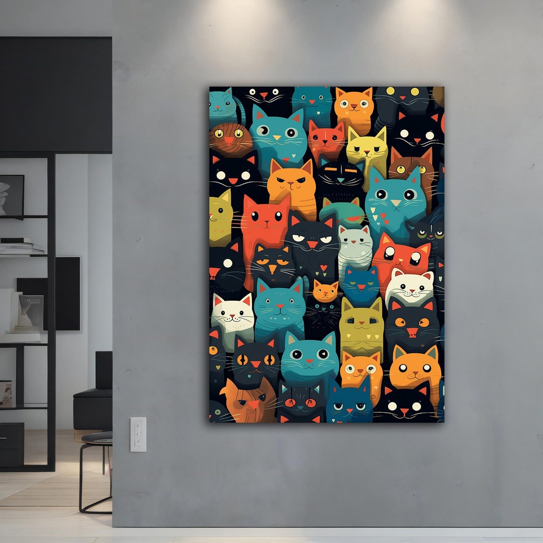 Cute Cats Canvas Wall Art, Colorful Cats Wall Art, Animal Canvas, Cats ...