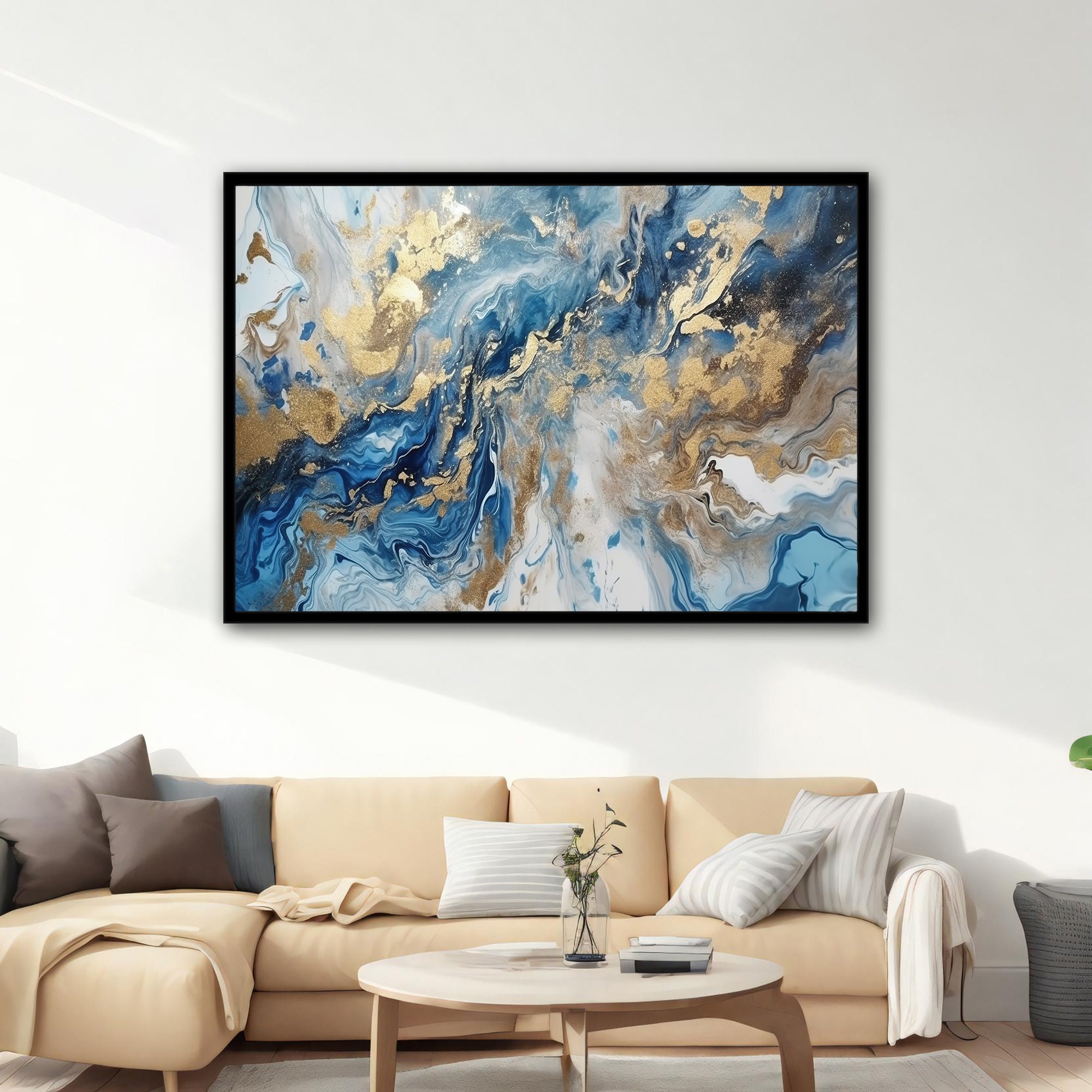 Blue and Gold Marbling Abstract Canvas Painting, Blue and Gold Marbling ...