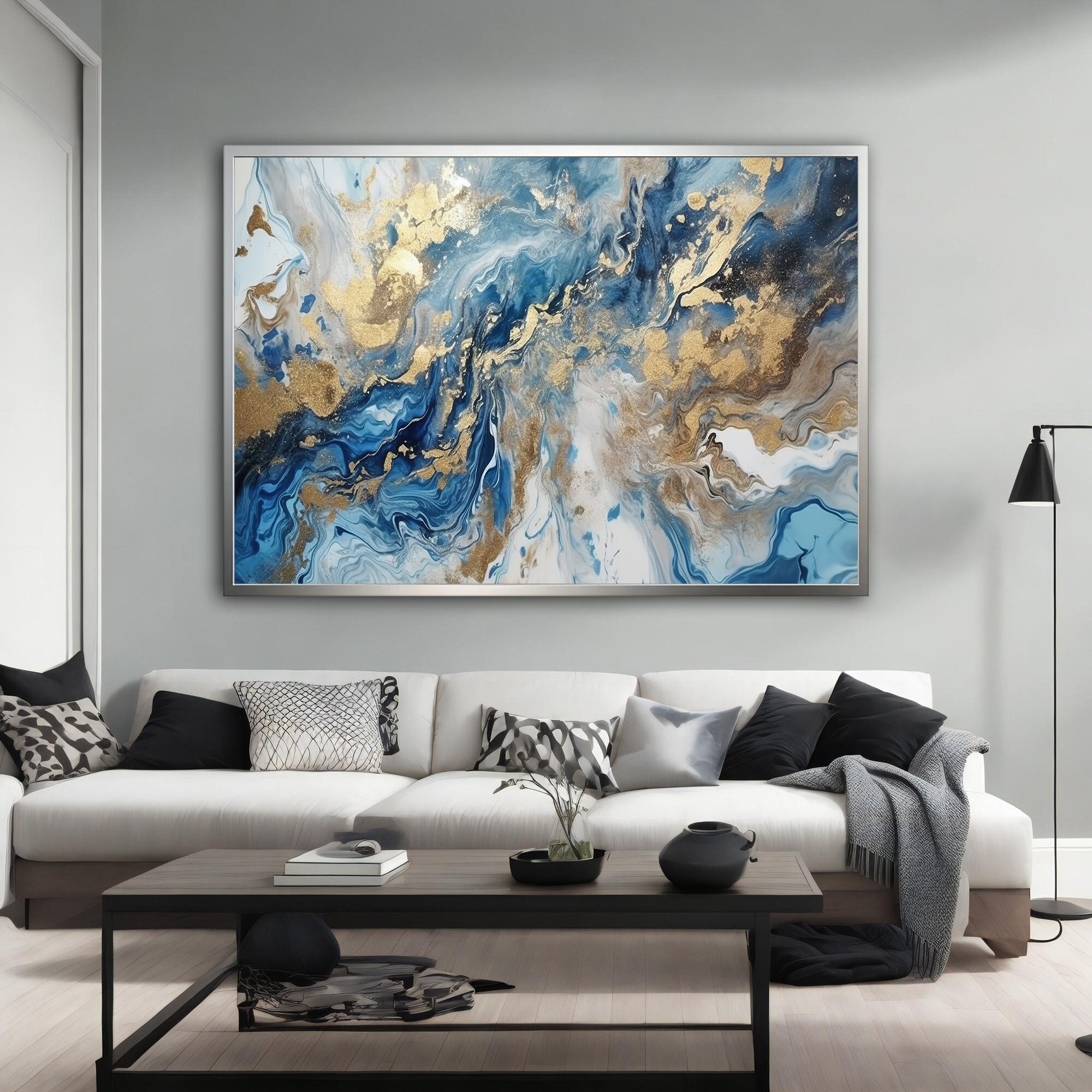 Blue and Gold Marbling Abstract Canvas Painting, Blue and Gold Marbling ...