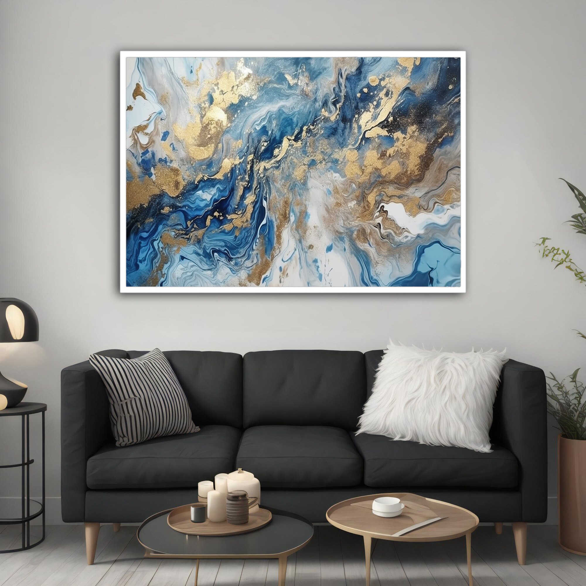 Blue and Gold Marbling Abstract Canvas Painting, Blue and Gold Marbling ...