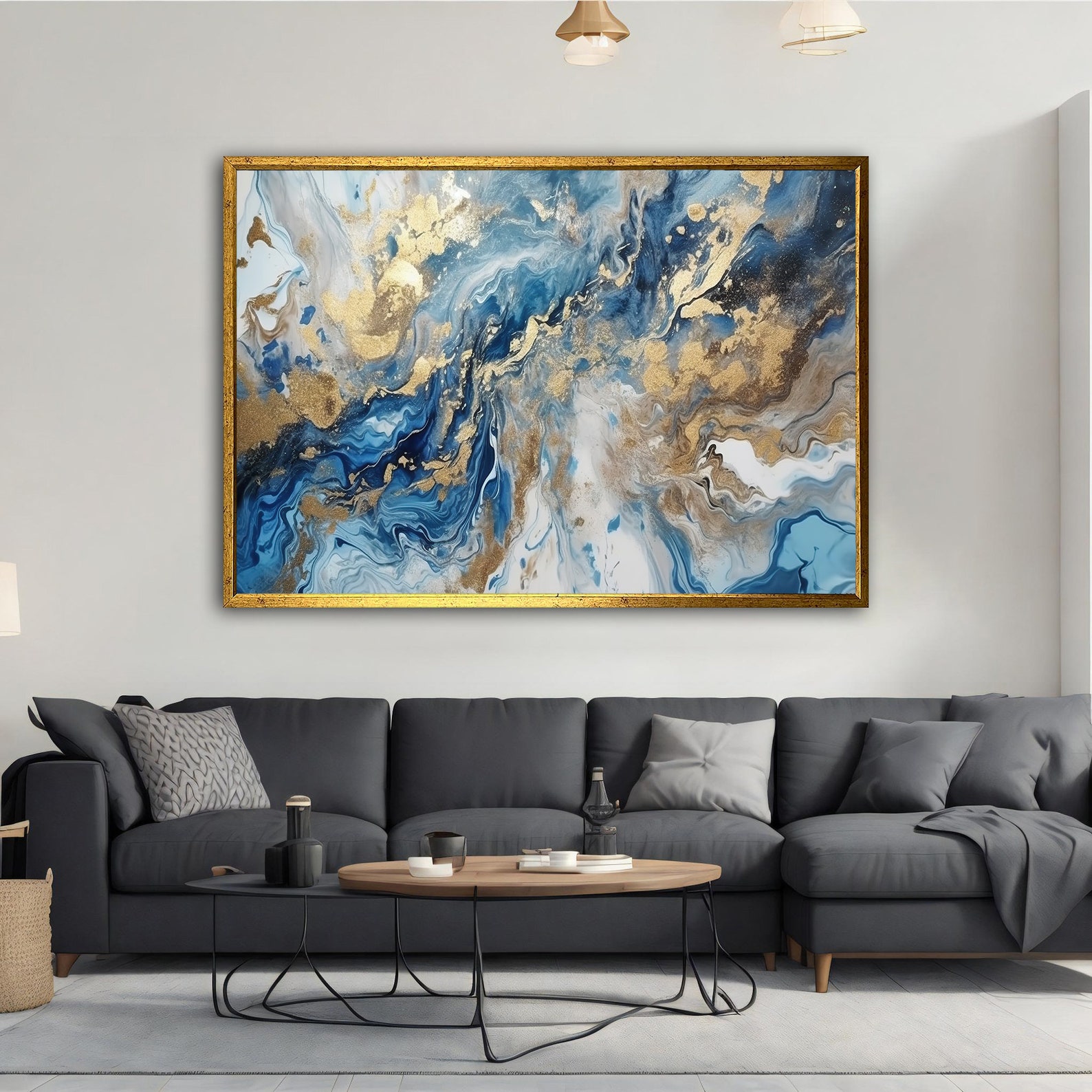 Blue and Gold Marbling Abstract Canvas Painting, Blue and Gold Marbling ...
